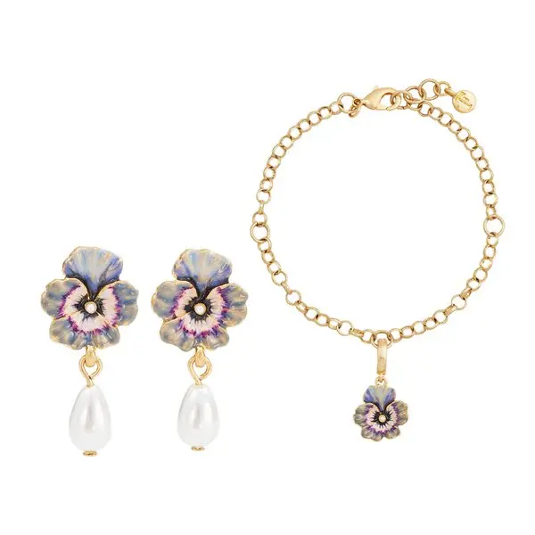 FABLE ENGLAND Gold & Blue Pansy Pearl Earrings And Charm Bracelet Set - Gold/blue