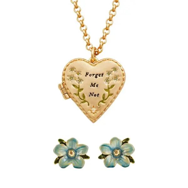 FABLE ENGLAND Forget Me Not Heart Locket And Stud Earrings Set - Gold/blue