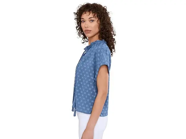 Vince Camuto V-neck Top With Front Tie And Rolled Short Sleeves - Blue