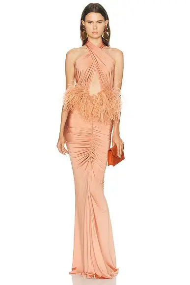 Lapointe Jersey Sleeveless Halter Ruched Gown With Feathers - Dune