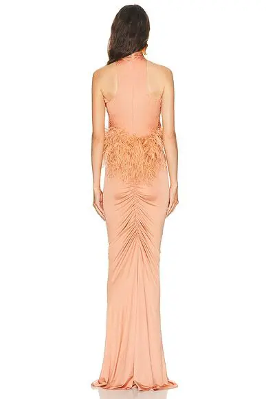 Lapointe Jersey Sleeveless Halter Ruched Gown With Feathers - Dune