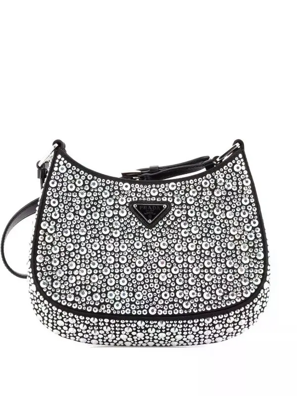 Prada Cleo Crystal Embellished Satin Shoulder Bag - Black