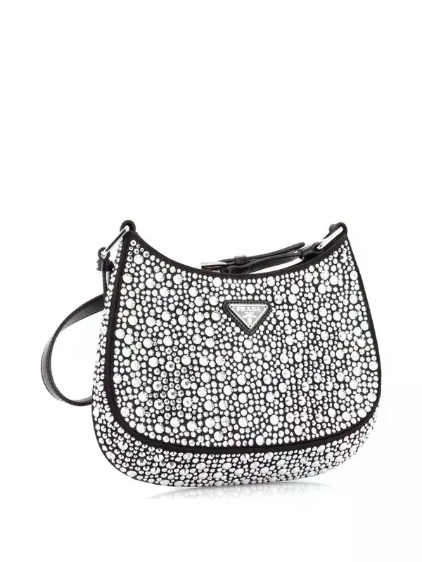 Prada Cleo Crystal Embellished Satin Shoulder Bag - Black