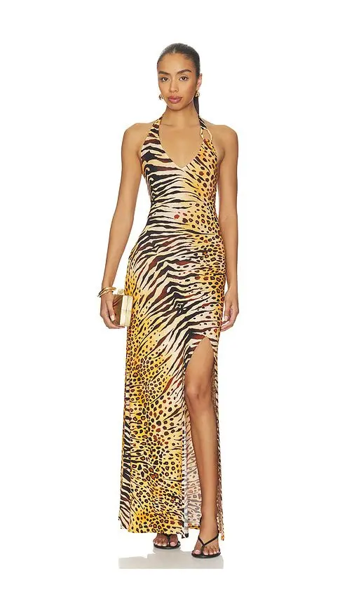 Luli Fama Tigressa Ring Halter Maxi Dress - Multicolor