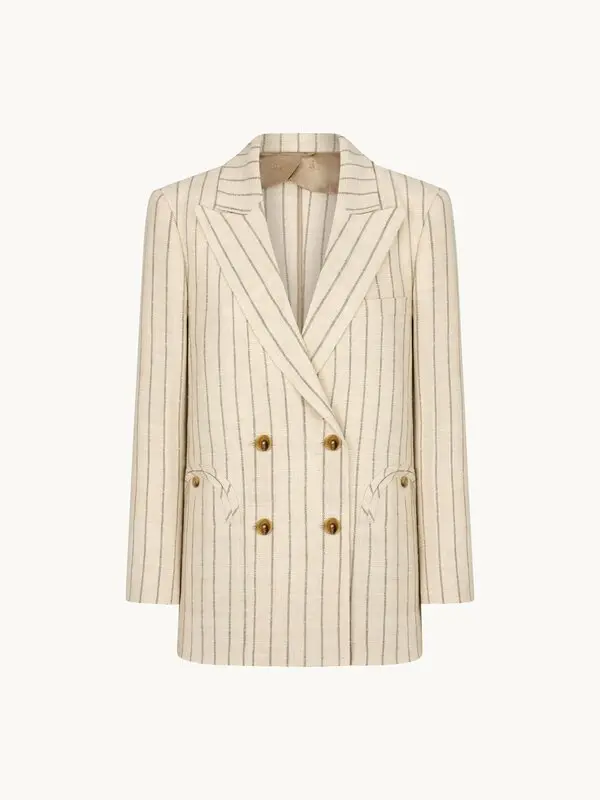 BLAZÉ MILANO Double-breasted Pinstripe Linen Blend Blazer - Tea