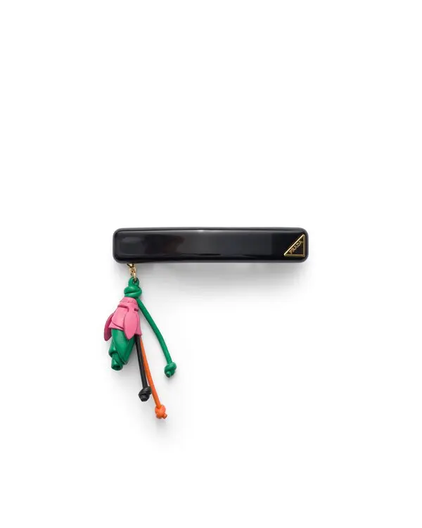 Prada Hair Clip With Leather Detail - Black