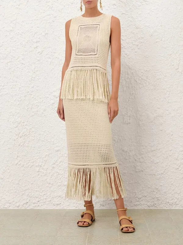 Zimmermann Indra Crochet Fringe Midi Skirt
