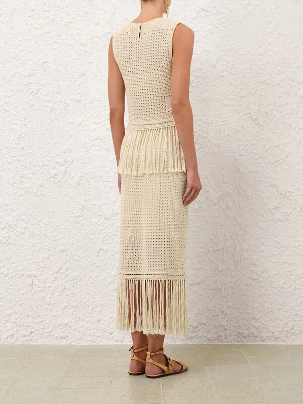 Zimmermann Indra Crochet Fringe Midi Skirt