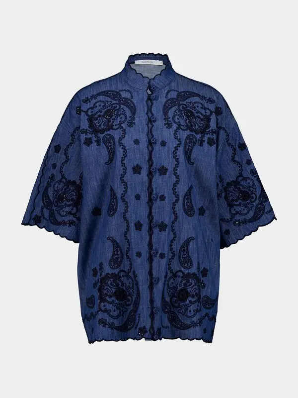 Zimmermann Railway Aster Embroidered Denim Shirt - Blue