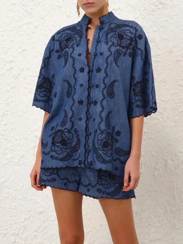Zimmermann Railway Aster Embroidered Denim Shirt - Blue