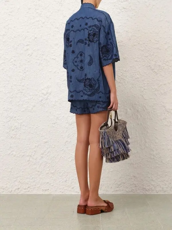 Zimmermann Railway Aster Embroidered Denim Shirt - Blue