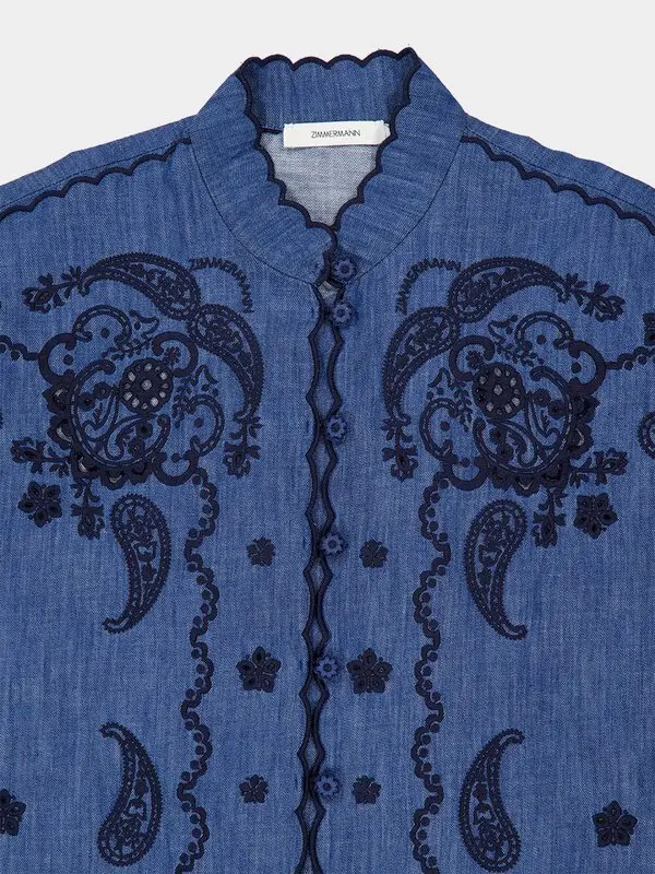 Zimmermann Railway Aster Embroidered Denim Shirt - Blue