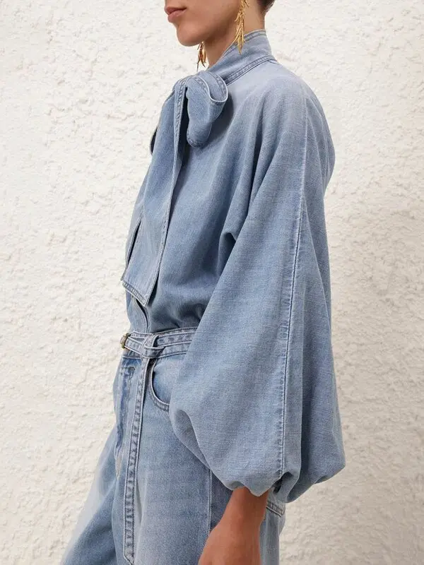 Zimmermann Skylark Indra Denim Tie Neck Blouse