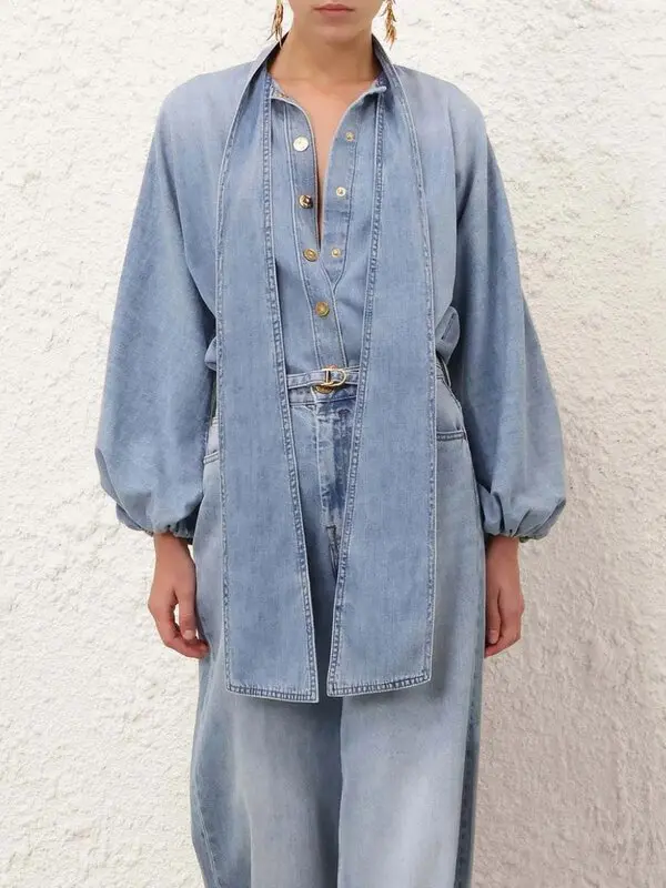 Zimmermann Skylark Indra Denim Tie Neck Blouse - Blue