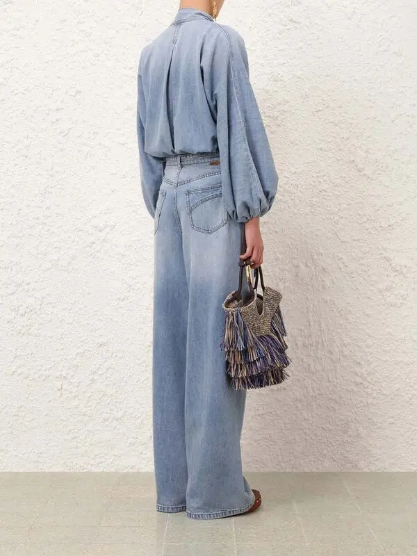 Zimmermann Skylark Indra Denim Tie Neck Blouse - Blue