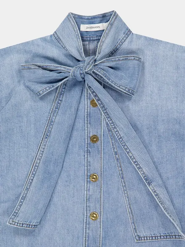 Zimmermann Skylark Indra Denim Tie Neck Blouse - Blue