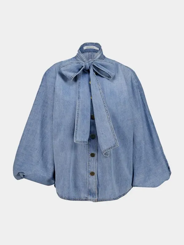 Zimmermann Skylark Indra Denim Tie Neck Blouse - Blue