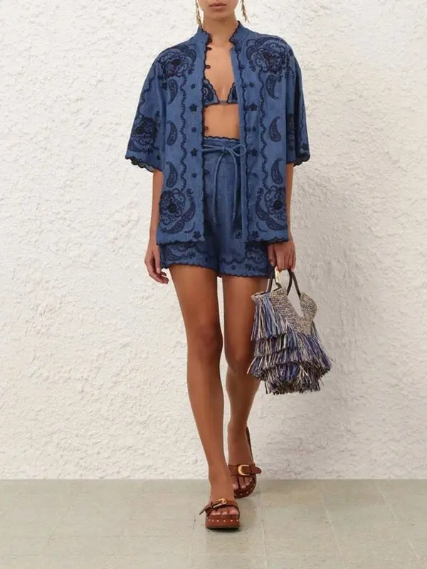 Zimmermann Embroidered Denim Shorts - Blue