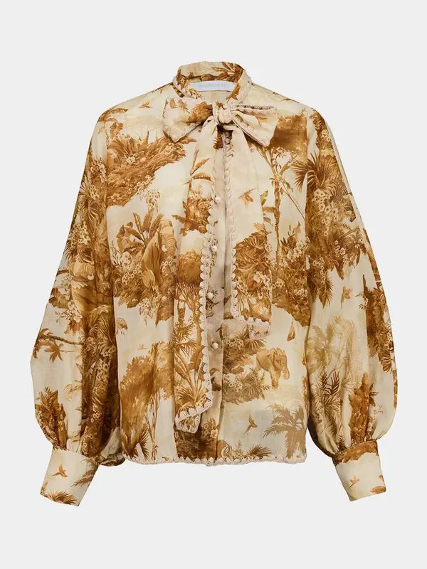 Zimmermann Indra Tie Neck Blouse In Coffee Safari Print - Brown