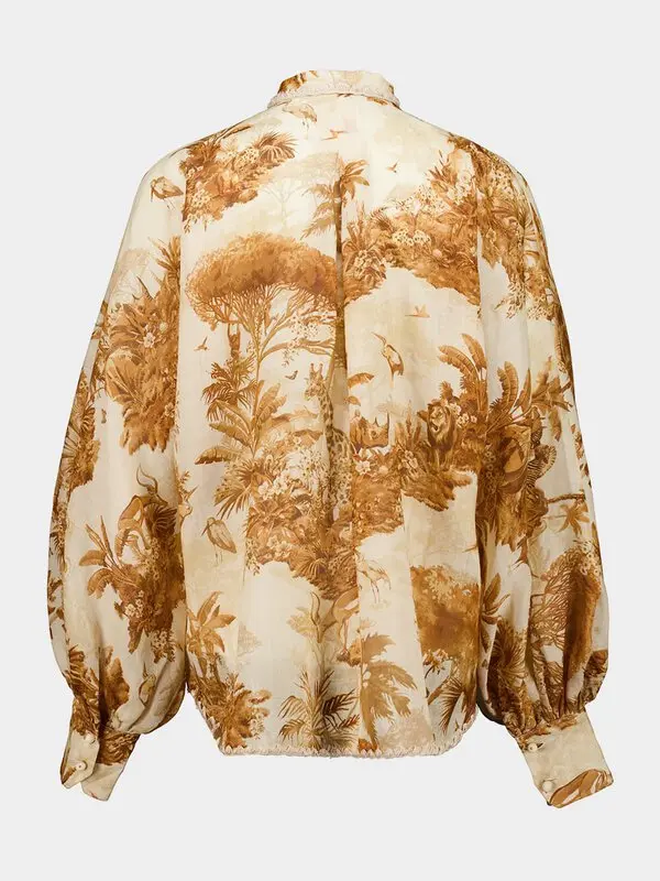 Zimmermann Indra Tie Neck Blouse In Coffee Safari Print - Brown