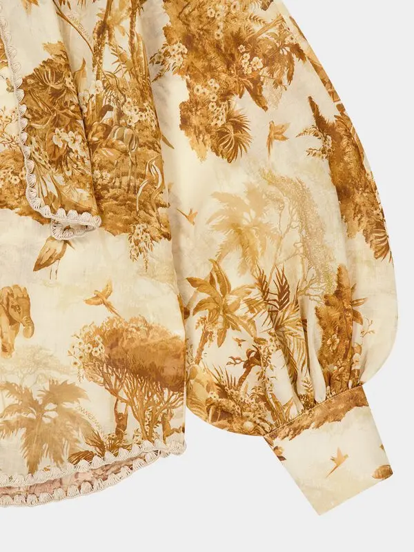 Zimmermann Indra Tie Neck Blouse In Coffee Safari Print - Brown
