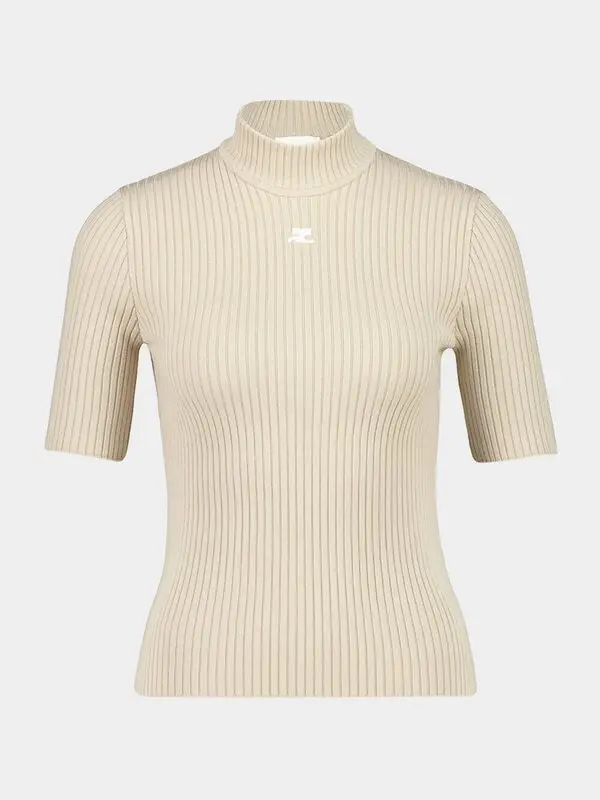 COURREGES Rib Knit High Neck Short Sleeve Sweater - Beige