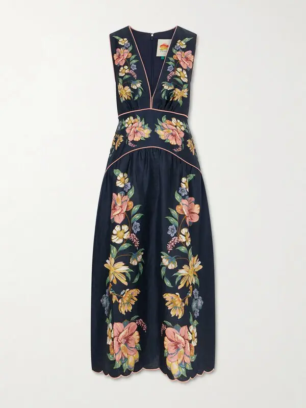 Farm Rio Maira" Floral Print Linen Midi Dress - Blue