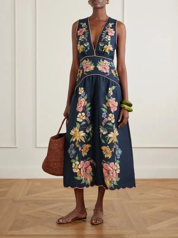 Farm Rio Maira" Floral Print Linen Midi Dress - Blue