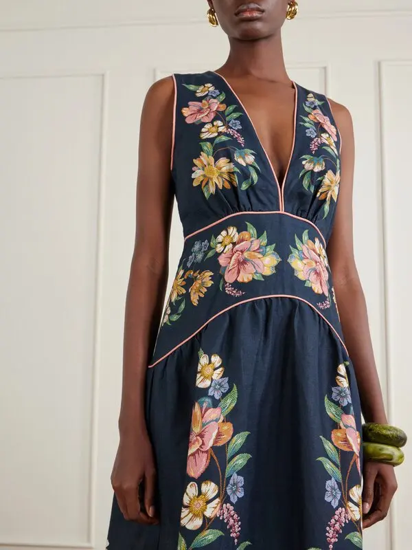 Farm Rio Maira" Floral Print Linen Midi Dress - Blue