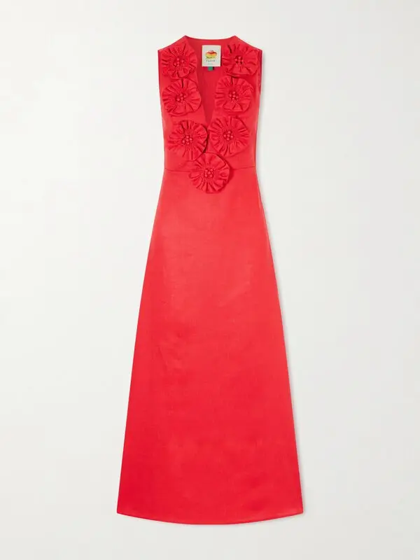 Farm Rio Floral Appliqué Linen Midi Dress - Red