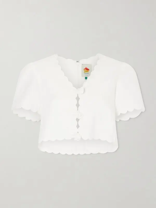 Farm Rio Cropped Floral-appliquéd Scalloped Linen Top - Neutrals