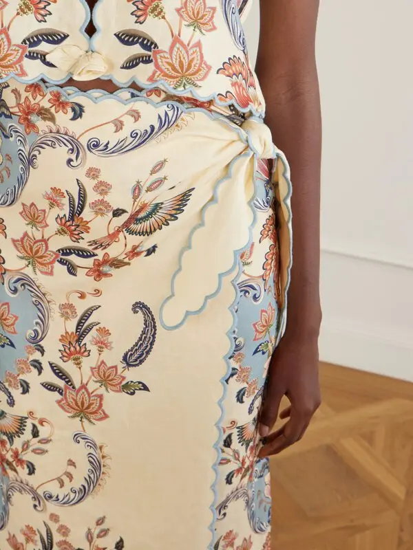 Farm Rio Scalloped Printed Linen Wrap Midi Skirt