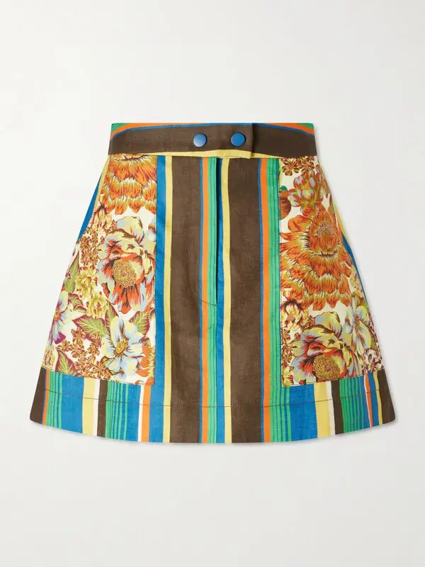 ALEMAIS Charlie' Striped And Floral Patchwork Linen Mini Skirt