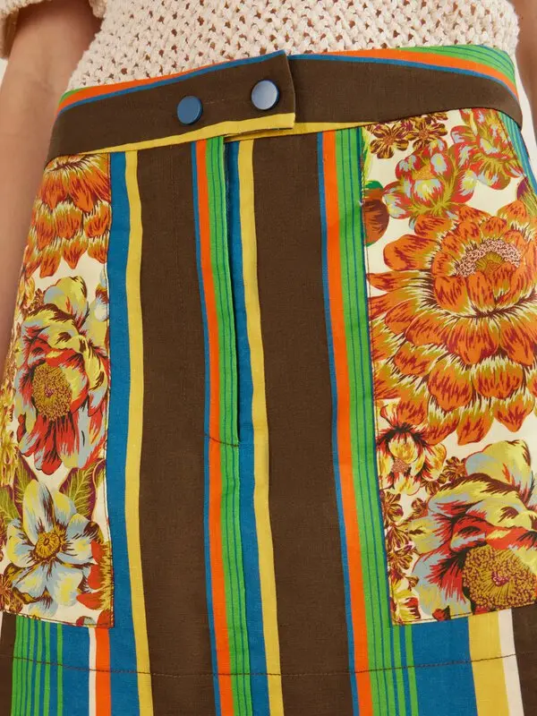 ALEMAIS Charlie' Striped And Floral Patchwork Linen Mini Skirt