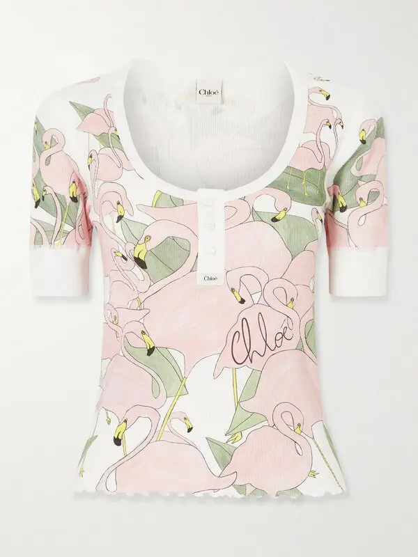 Chloé Flamingo Print Ribbed Cotton T-shirt - Pink
