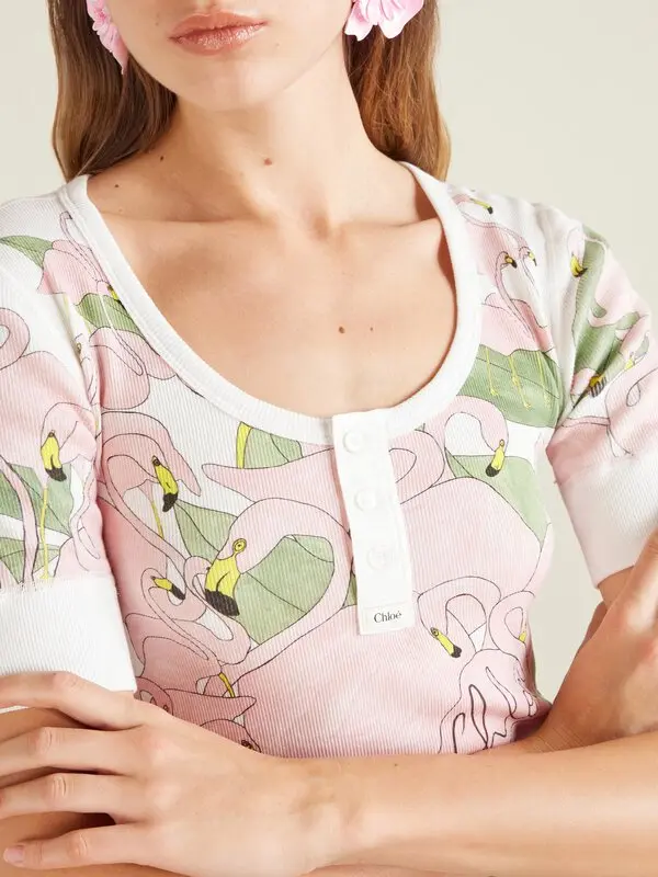 Chloé Flamingo Print Ribbed Cotton T-shirt - Pink