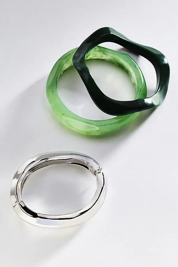 Anthropologie Wavy Bangle Bracelets Set Of 3 - Olive