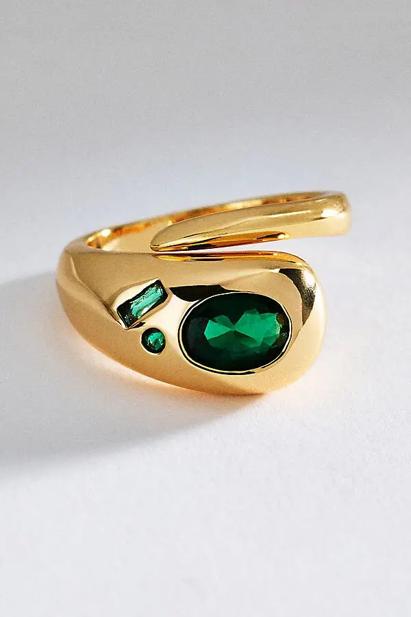 Anthropologie Crystal Wrap Adjustable Ring - Emerald Green