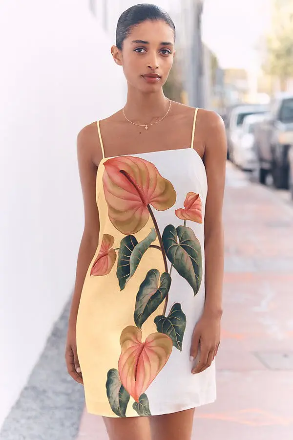 Farm Rio Anthurium Linen Mini Dress - Anturium Golden Yellow