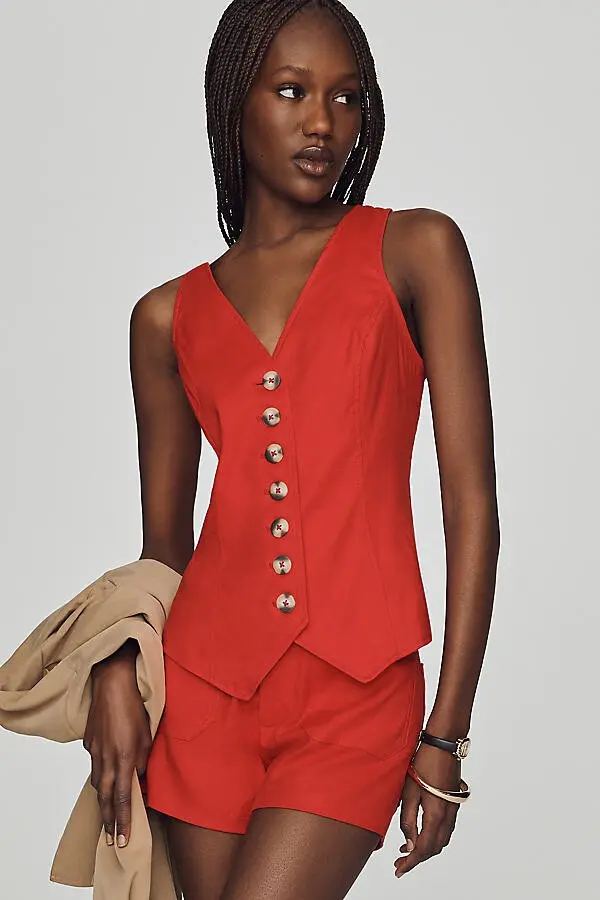 Anthropologie Halsey European Linen Stretch Button Front Vest - Cherry Bomb