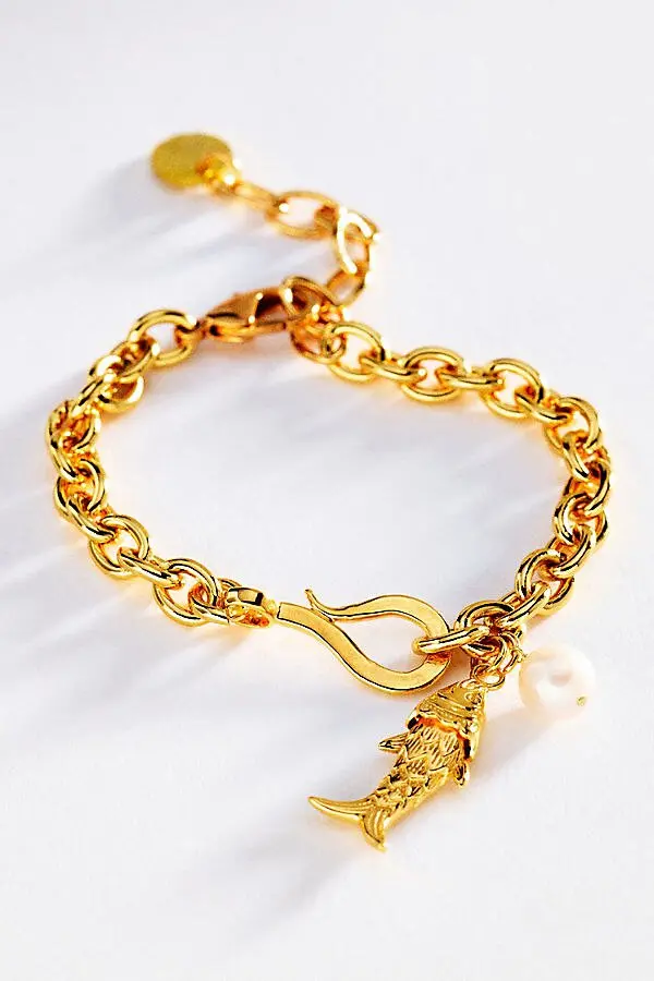 Chan Luu Plated Brass Fish Charm Bracelet With Freshwater Pearl - Gold