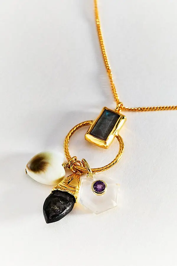 Chan Luu 18k Gold-plated Sterling Silver Trio Charm Necklace With Labradorite, Hypersthene, Shell, Quartz, And Amethyst