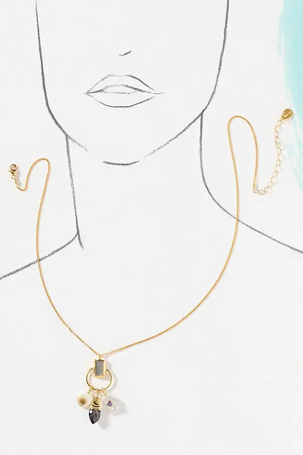 Chan Luu 18k Gold-plated Sterling Silver Trio Charm Necklace With Labradorite, Hypersthene, Shell, Quartz, And Amethyst
