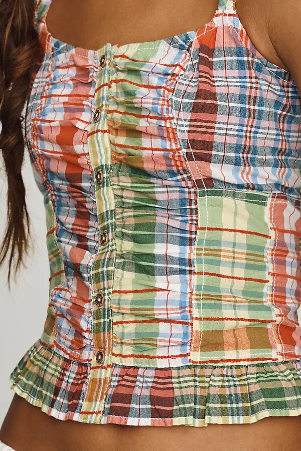 PILCRO Fitted Button Front Peplum Top With Ruffled Straps - Multi Plaid