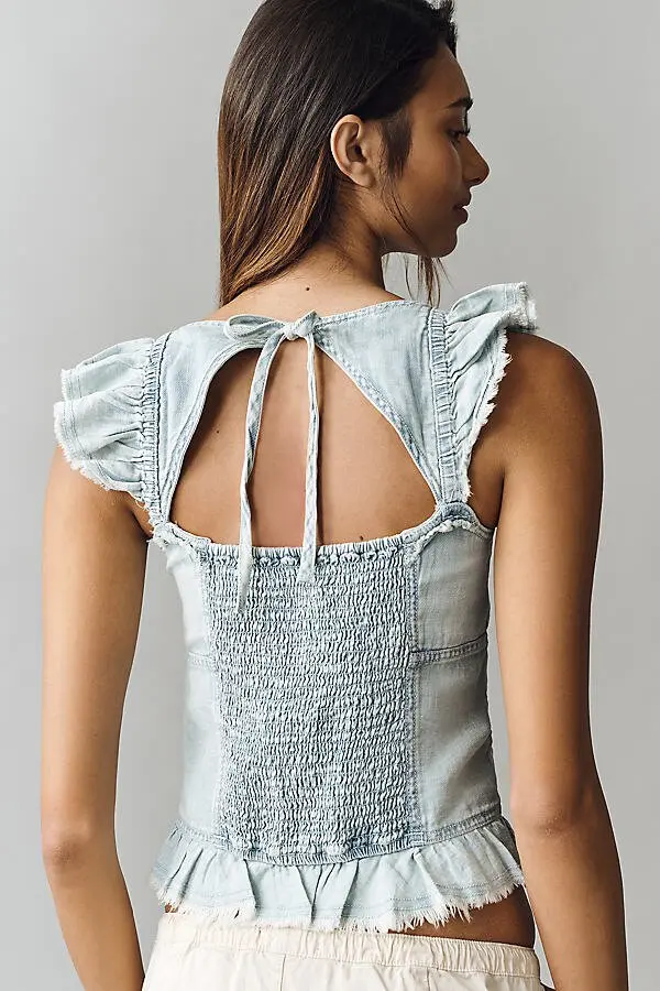 PILCRO Ruffle-front Top In Cross-weave Cotton - Open Waters