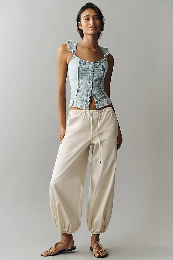 PILCRO Ruffle-front Top In Cross-weave Cotton - Open Waters