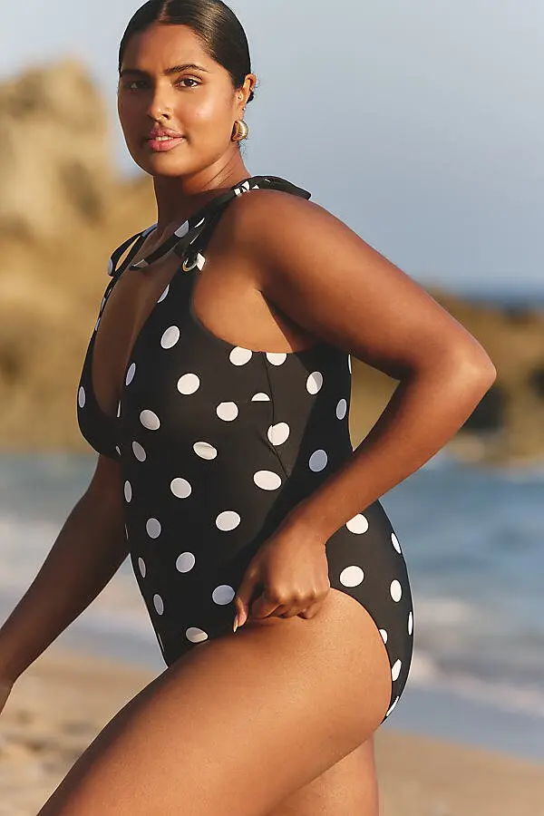 CELANDINE Polka Dot Plunge One-piece Swimsuit - Black