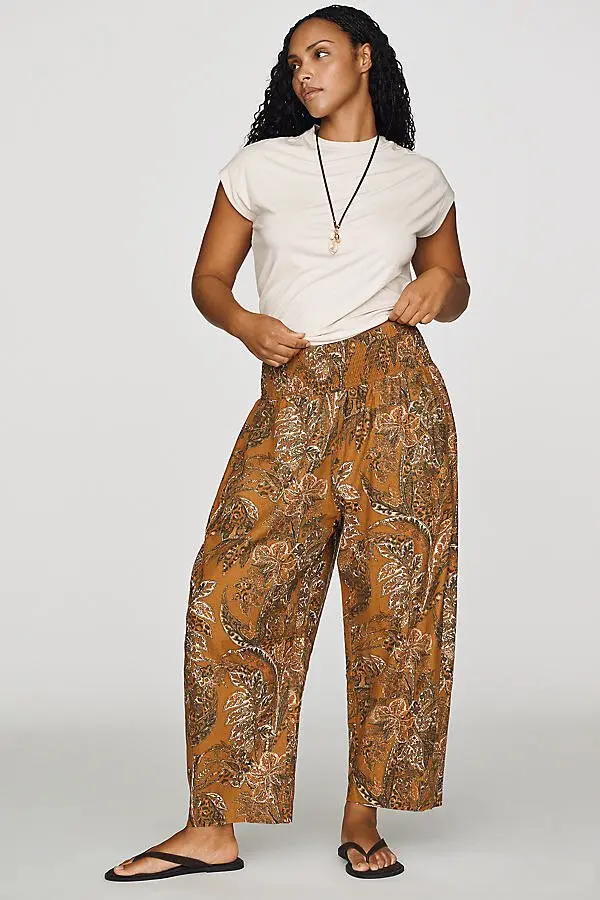 PILCRO Reese Smocked Barrel-leg Pants - Brown Pattern