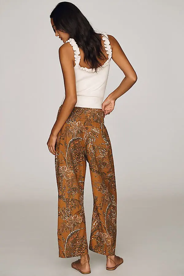 PILCRO Reese Smocked Barrel-leg Pants - Brown Pattern