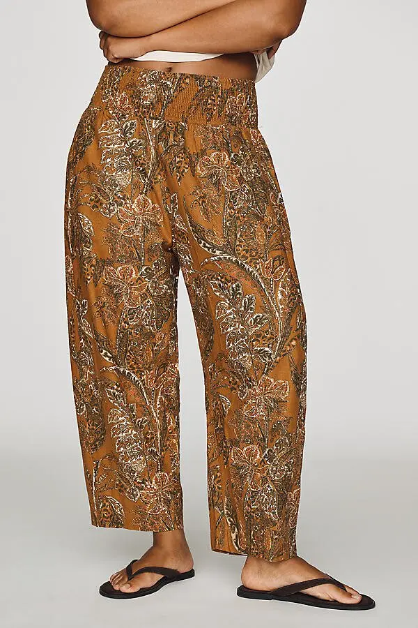 PILCRO Reese Smocked Barrel-leg Pants - Brown Pattern